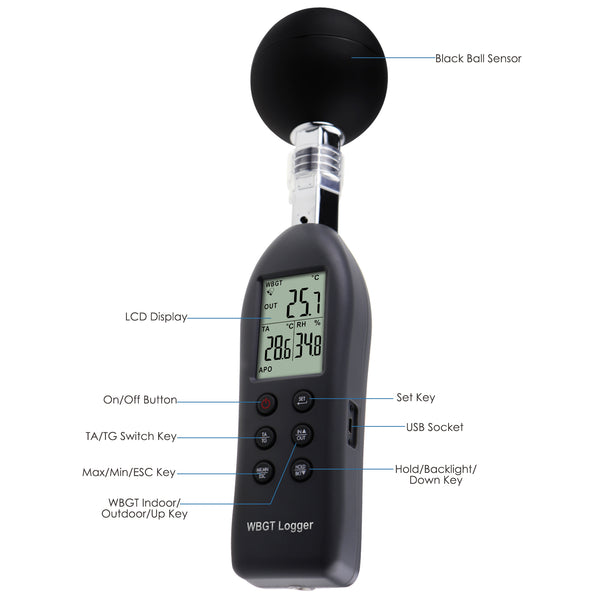 Handheld WBGT Meter, Wet Bulb Globe Temperature Heat Stroke Prevention ...